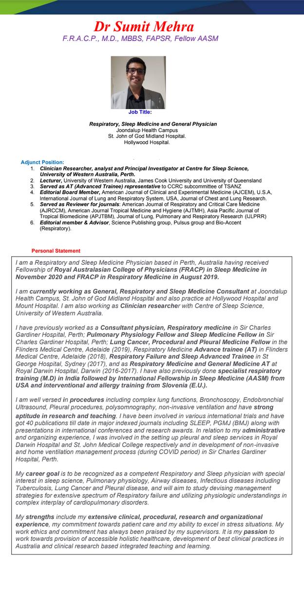 Dr Sumit Mehra - Professional CV | MEDISPECIALISTS