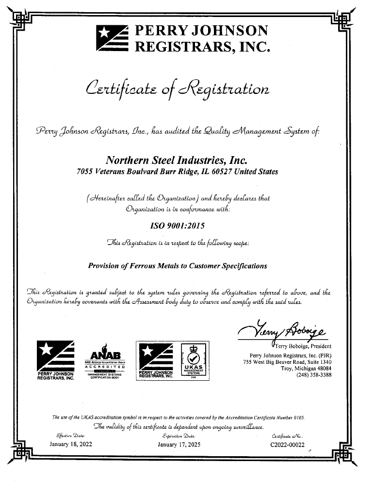 ISO Certification — Northern Steel Industries