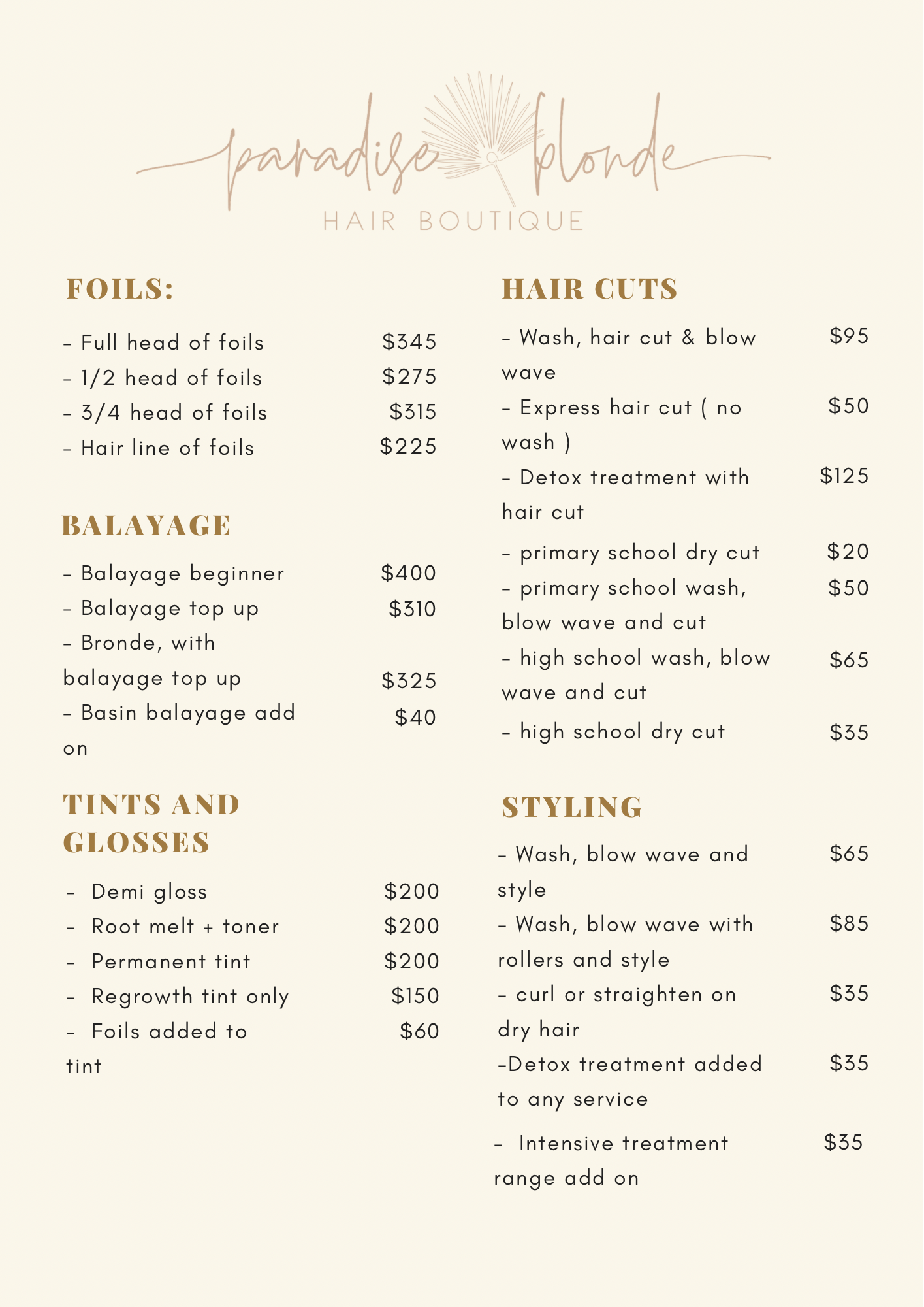 Menu 1 — Paradise Blonde Hair Boutique