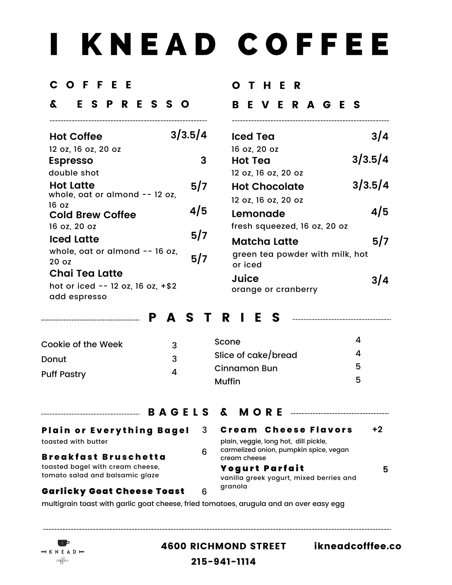 Cafe Menu — I Knead Coffee