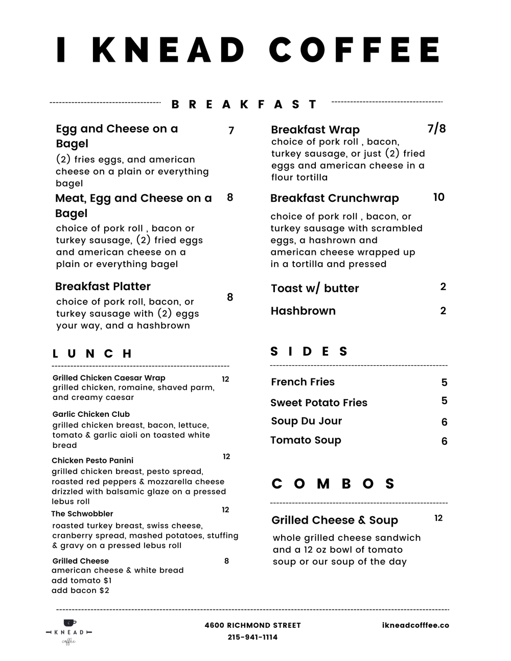 Cafe Menu — I Knead Coffee