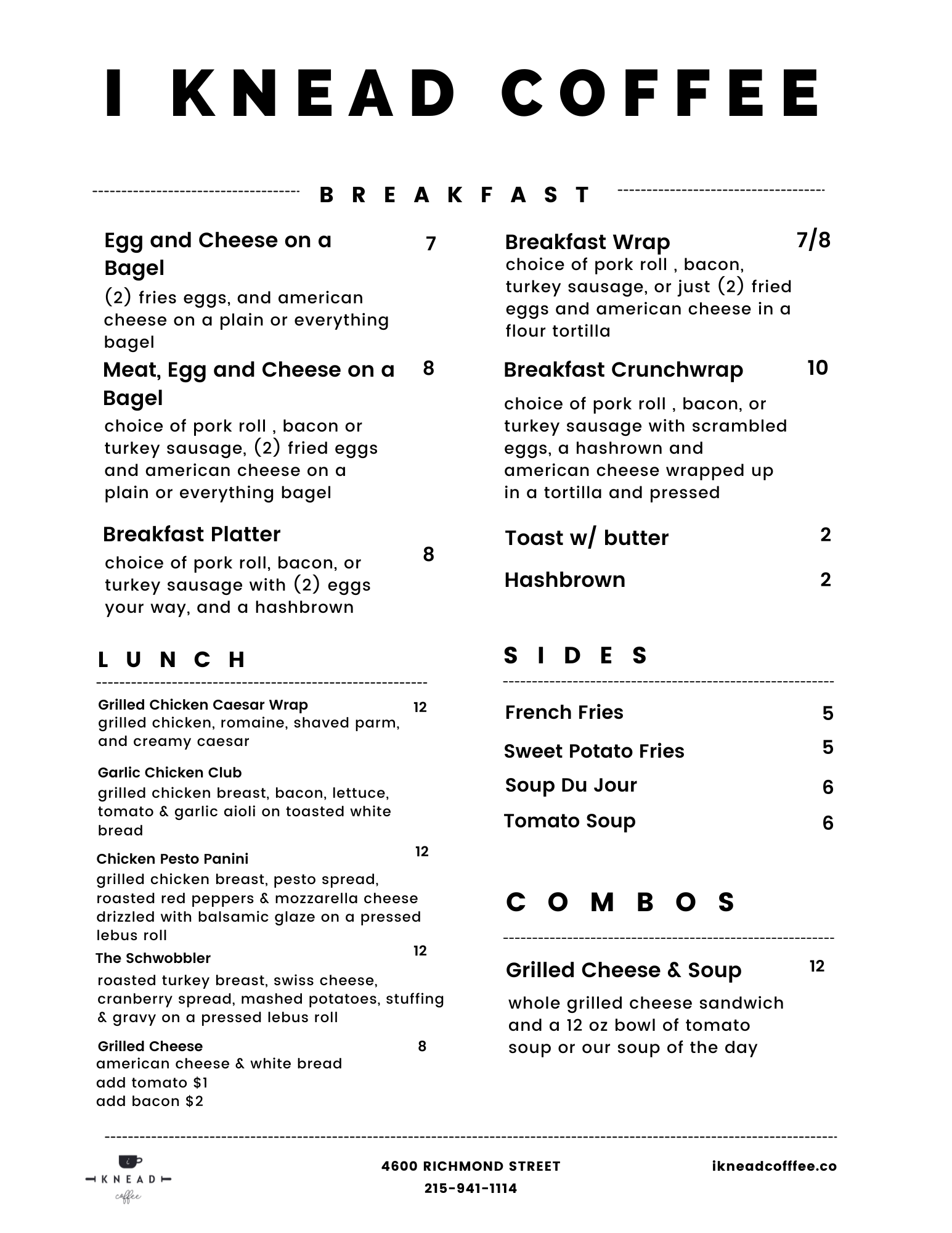 Cafe Menu — I Knead Coffee