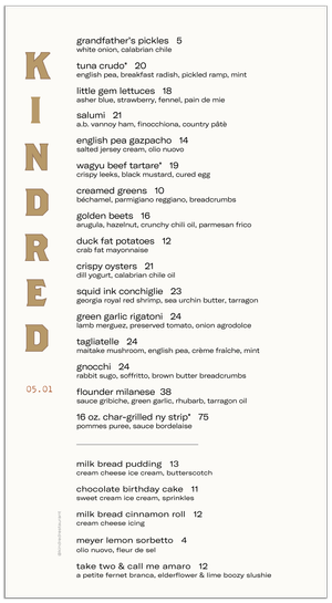 Kindred Menu — Kindred Restaurant | Voted Best Restaurant in Charlotte