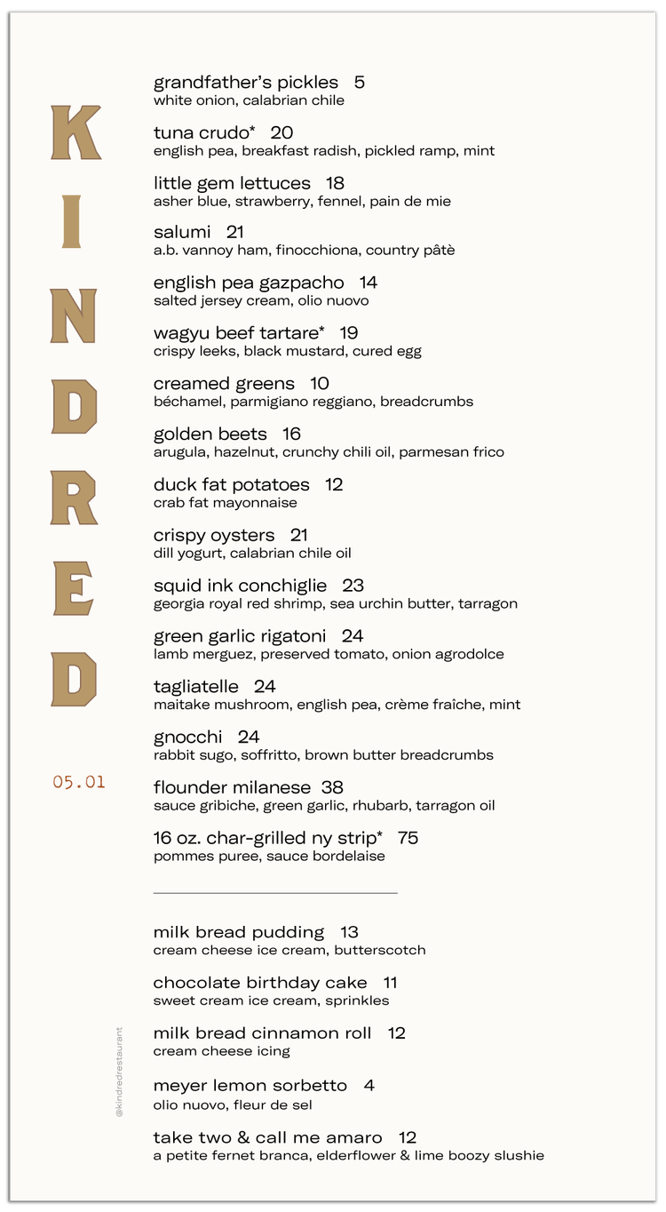 Kindred Menu — Kindred Restaurant | Voted Best Restaurant in Charlotte