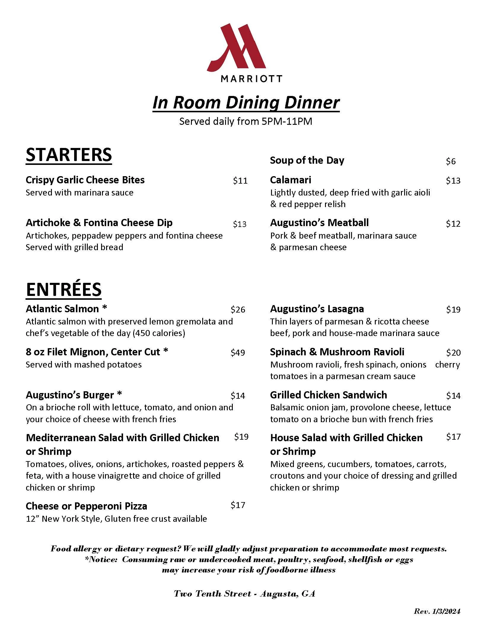 Dinner In Room Dining — Augustino's Italian Eatery and Prime Steaks
