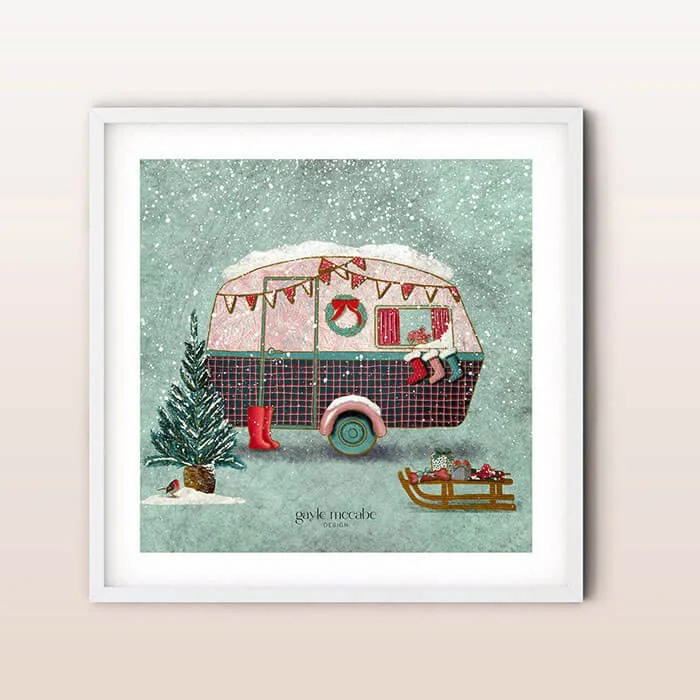 Vintage Caravan Illustration Wall Art Print - Winter