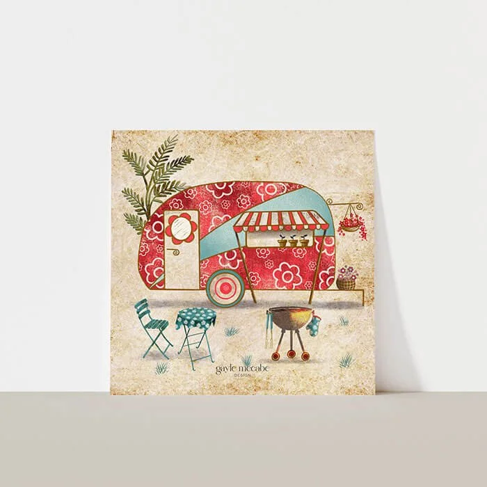 Vintage Caravan Illustration Wall Art Print - Winter