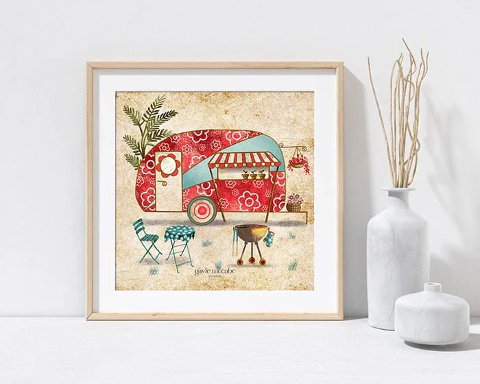 Vintage Caravan Illustration Wall Art Print - Winter