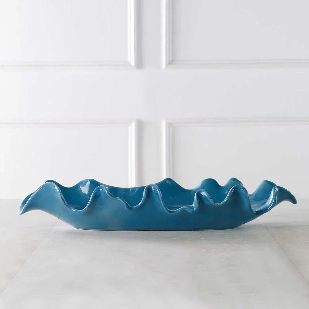 BROWN AND CLEAR RUFFLED HANDBLOWN GLASS BOWL