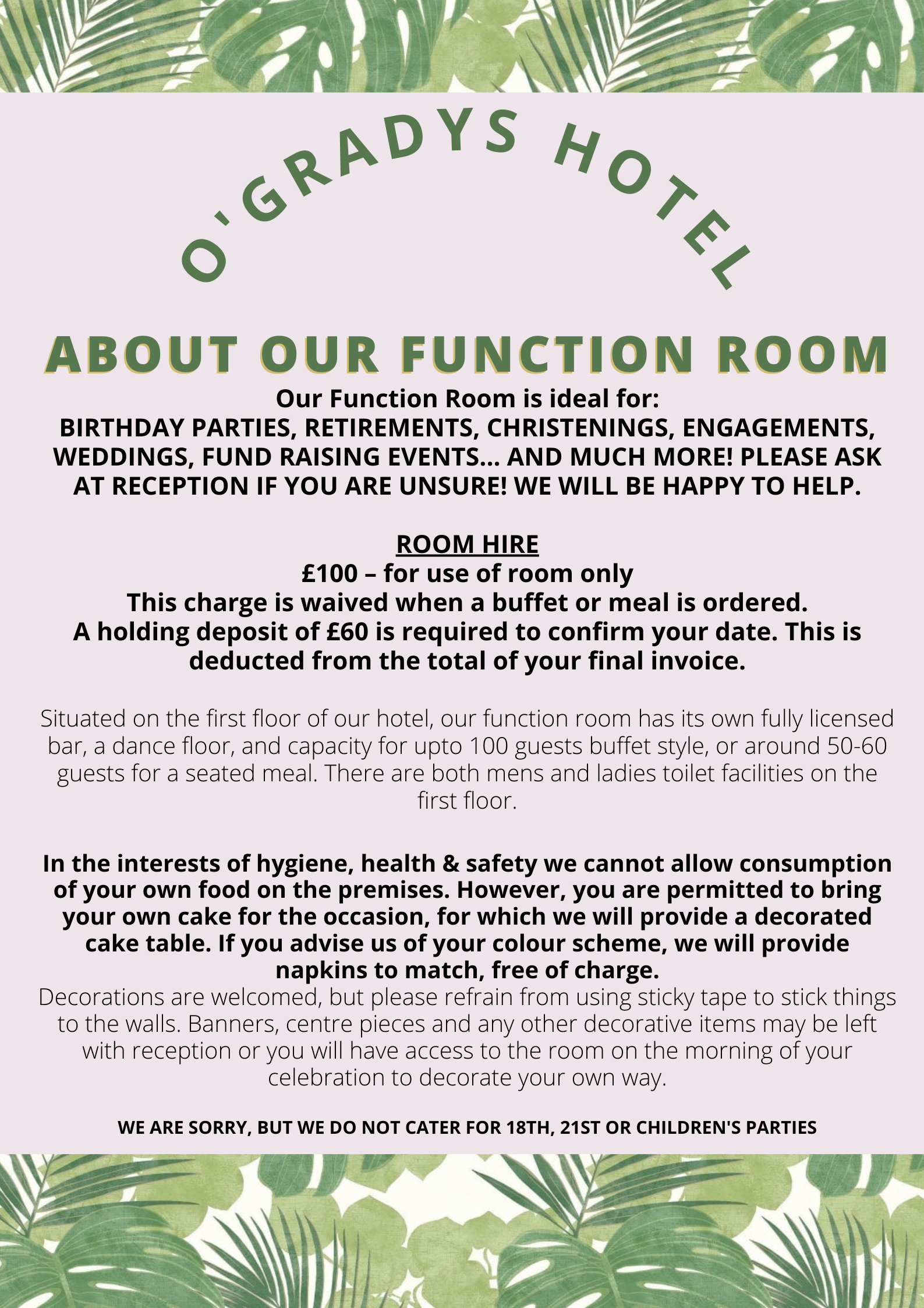 Function Package — O'Gradys Hotel, Ale House Restaurant