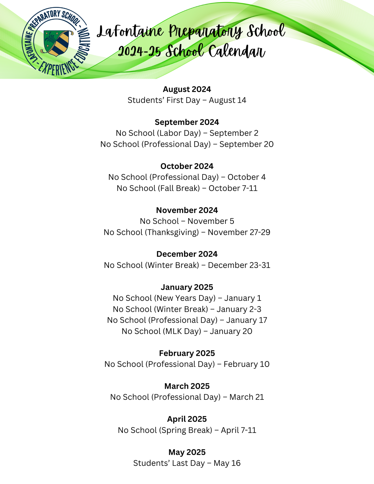 School Calendar — LaFontaine Preparatory School