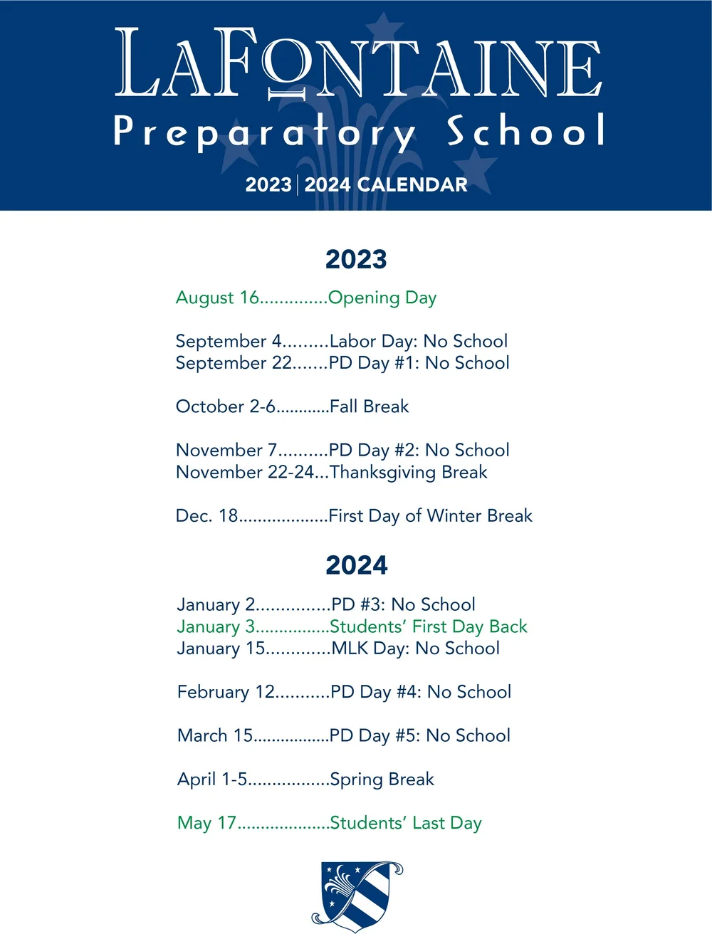 School Calendar — LaFontaine Preparatory School