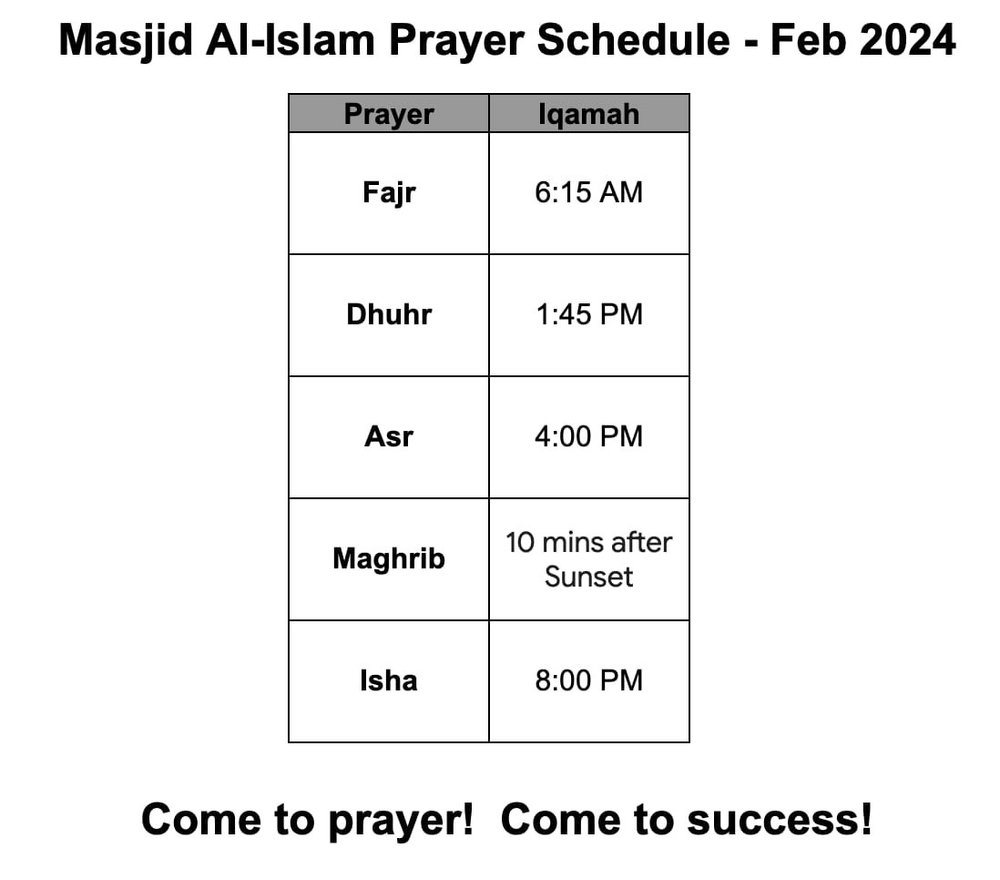 PRAYER TIMES — Build Masjid Al Islam