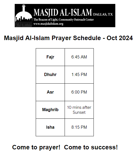 PRAYER TIMES — Build Masjid Al Islam