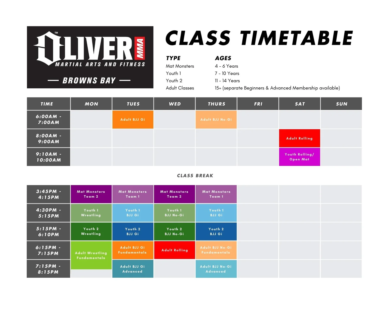 Class Timetable — Oliver MMA Browns Bay