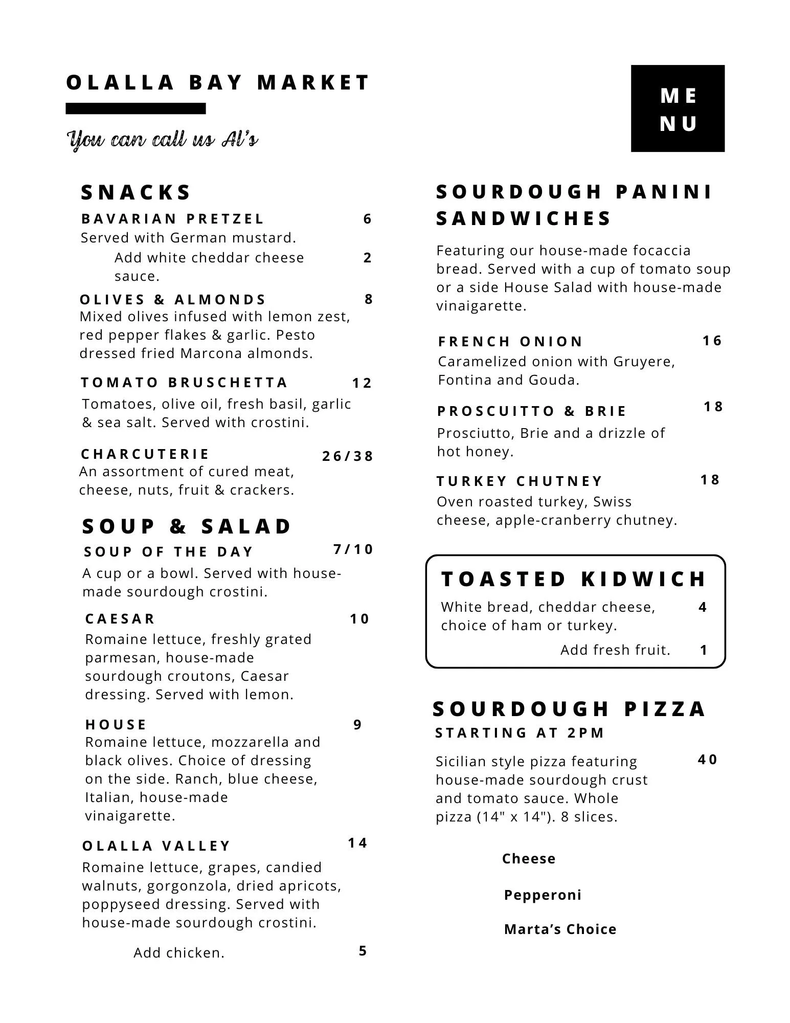 Menu — Olalla Bay Market & Landing