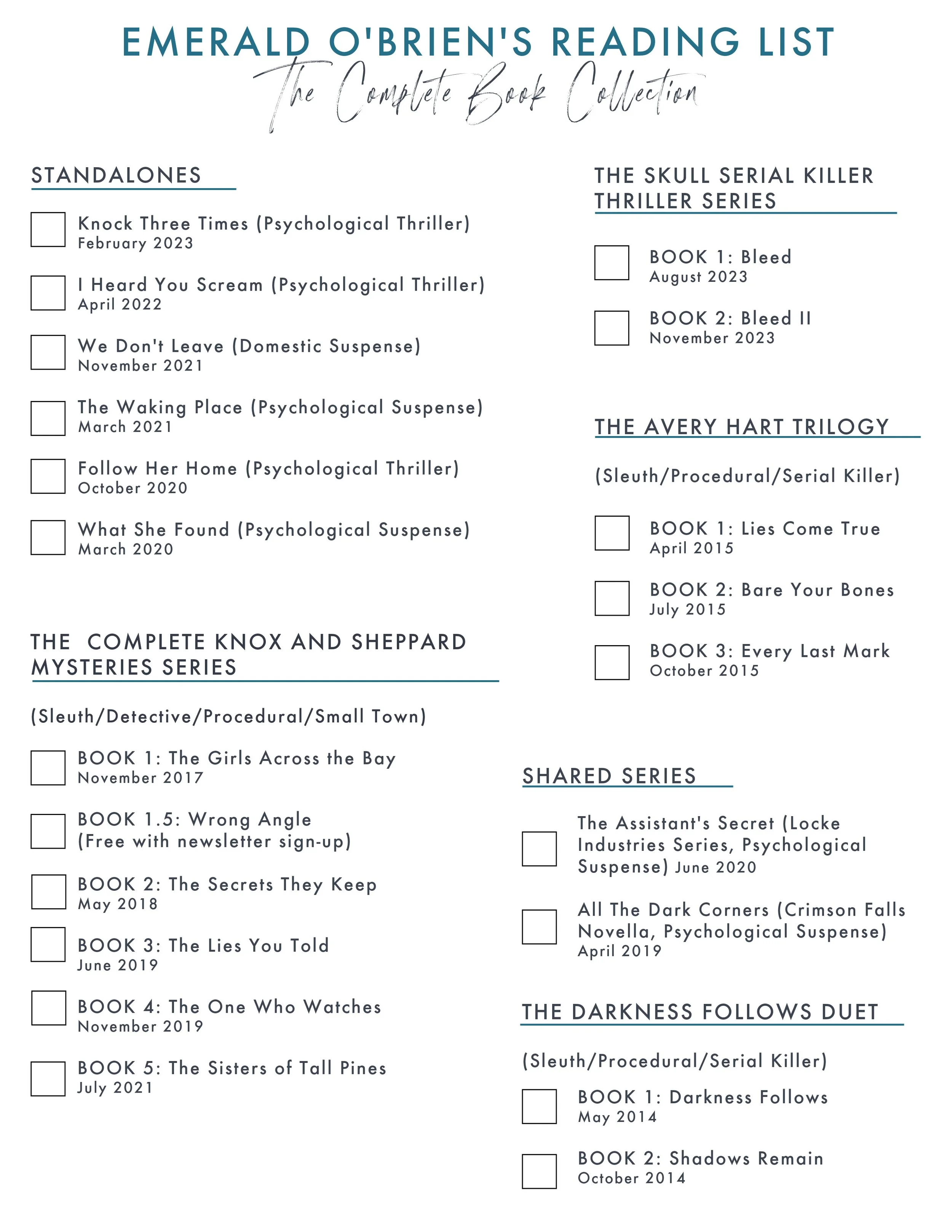 Printable Book List — EMERALD O'BRIEN