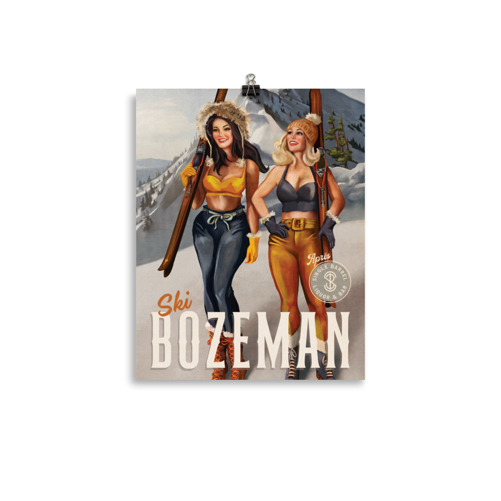 A vintage ski art poster illustration of two cute pin up girls skiing ...