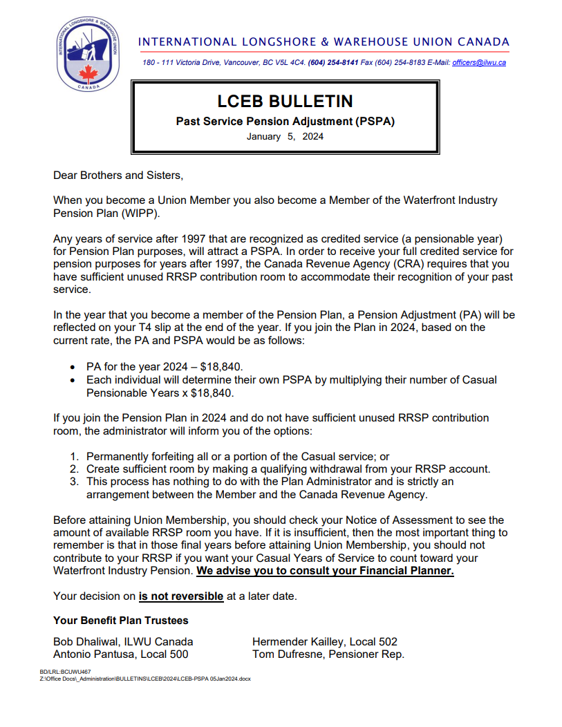 Past Service Pension Adjustments — ILWU LOCAL 505