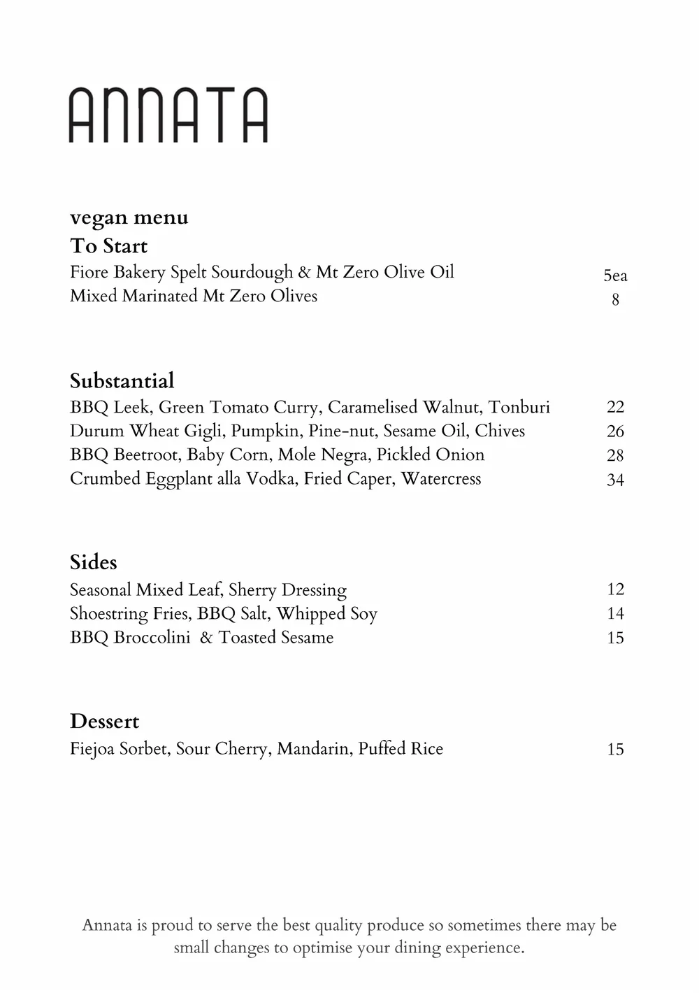 Menu — Annata Restaurant