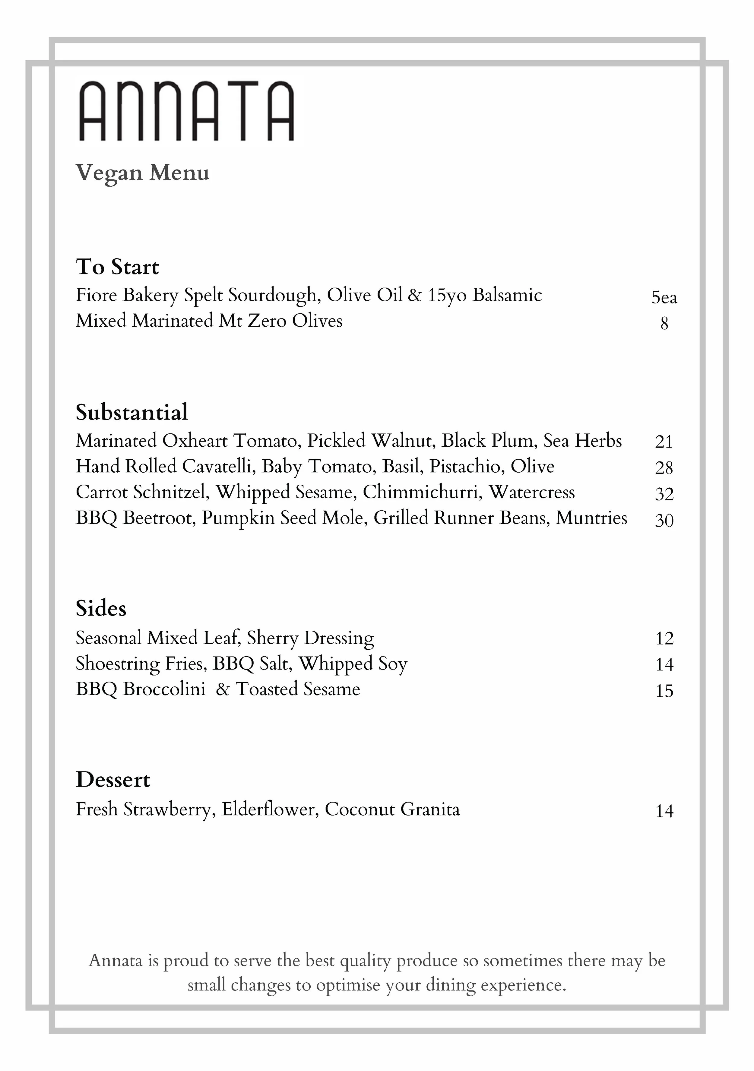 Menu — Annata Restaurant
