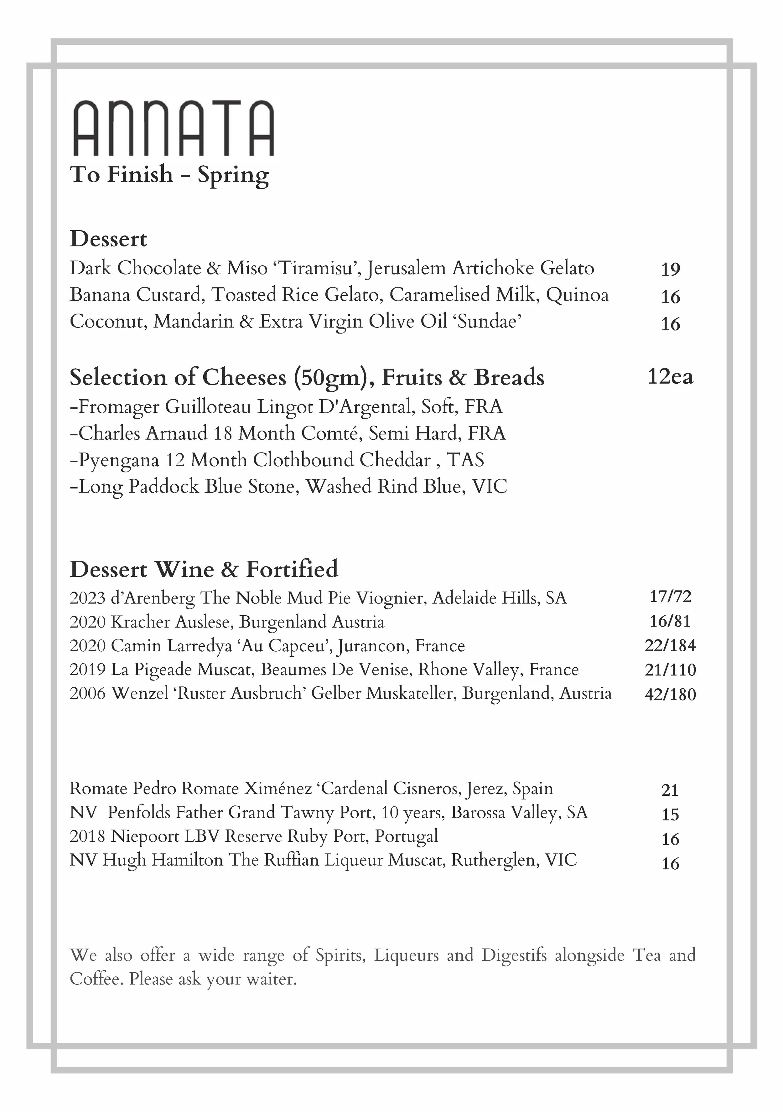 Annata Spring Menus - 2024 — Annata Restaurant
