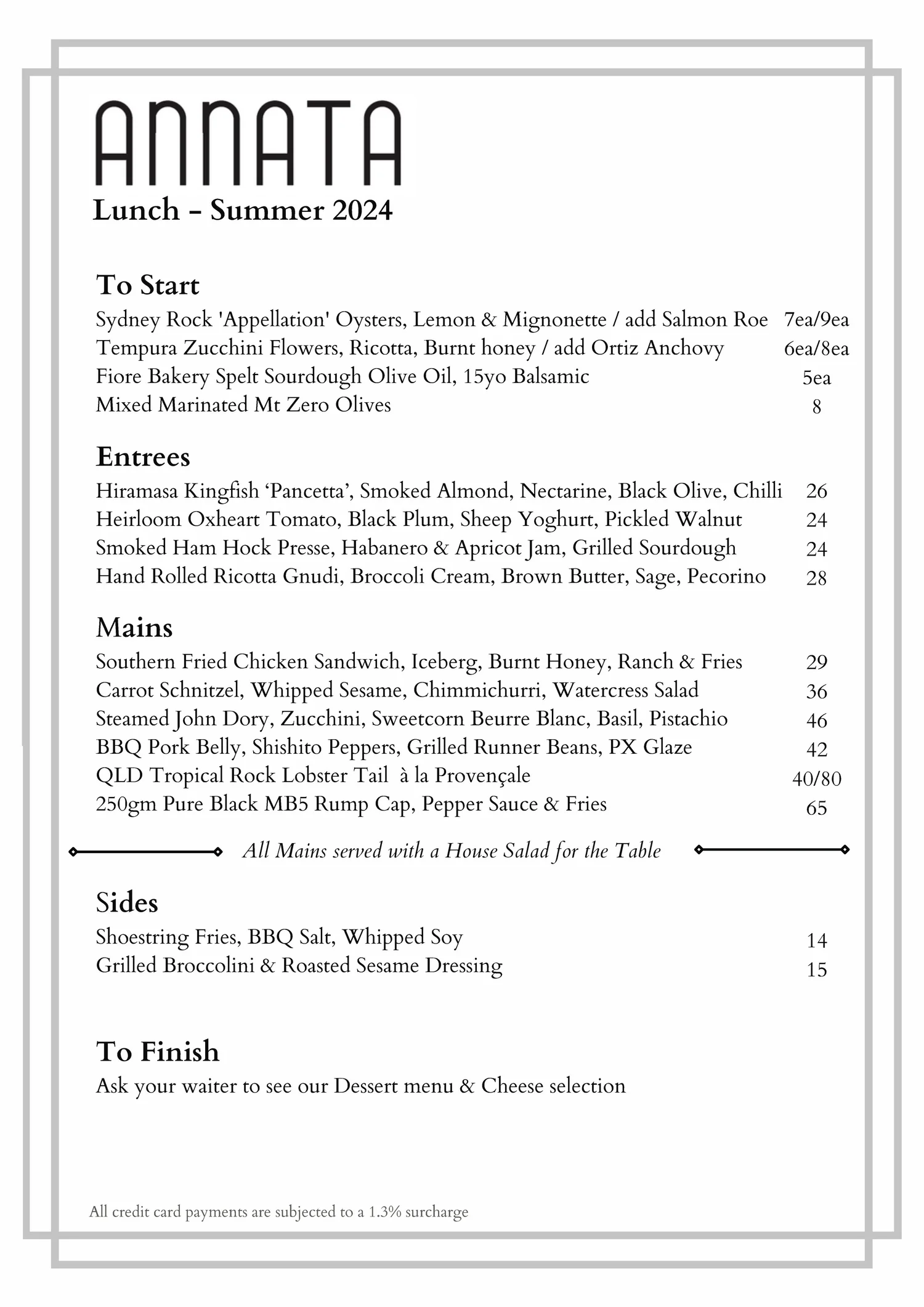 Menu — Annata Restaurant