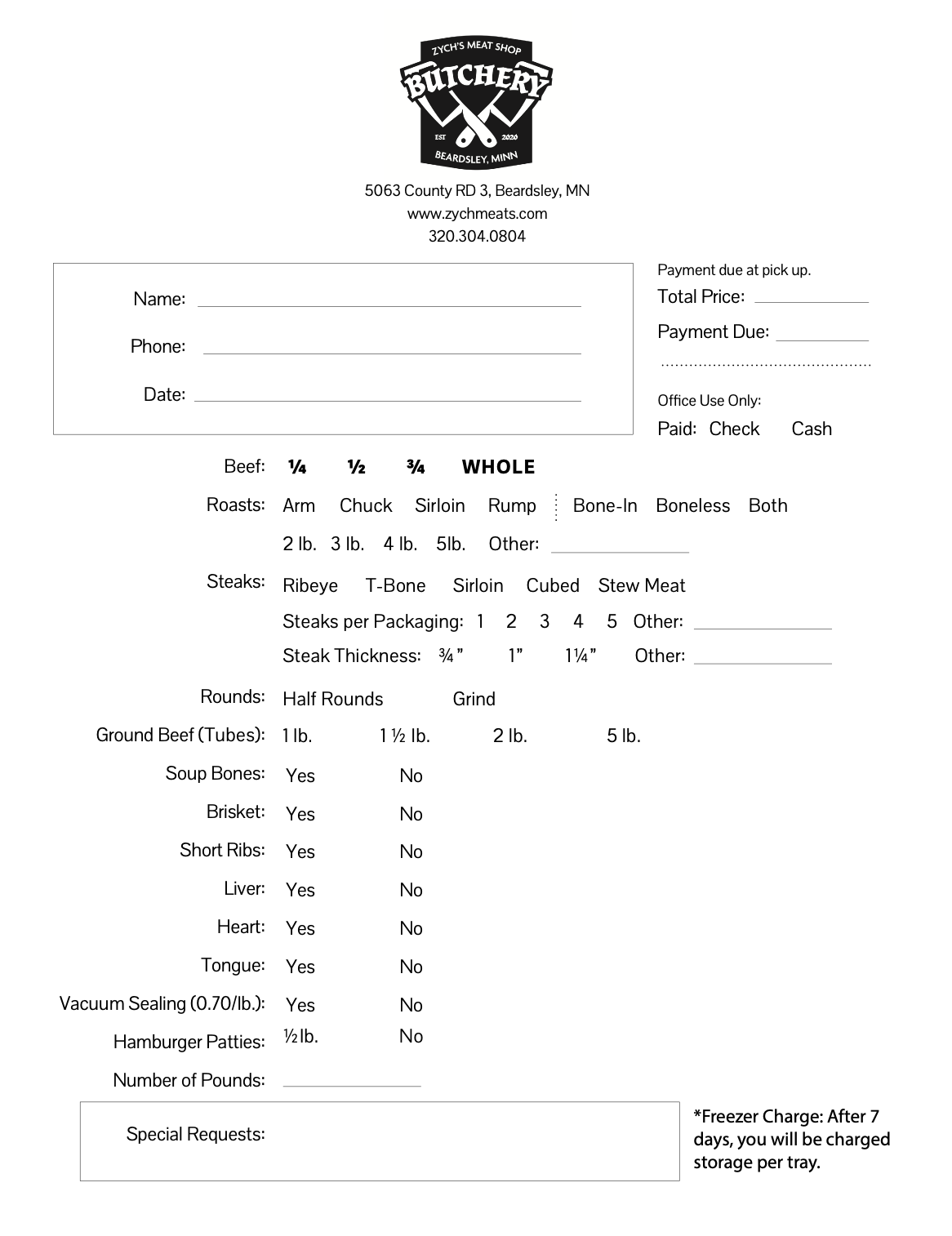 Order Information — Zych's Butchery