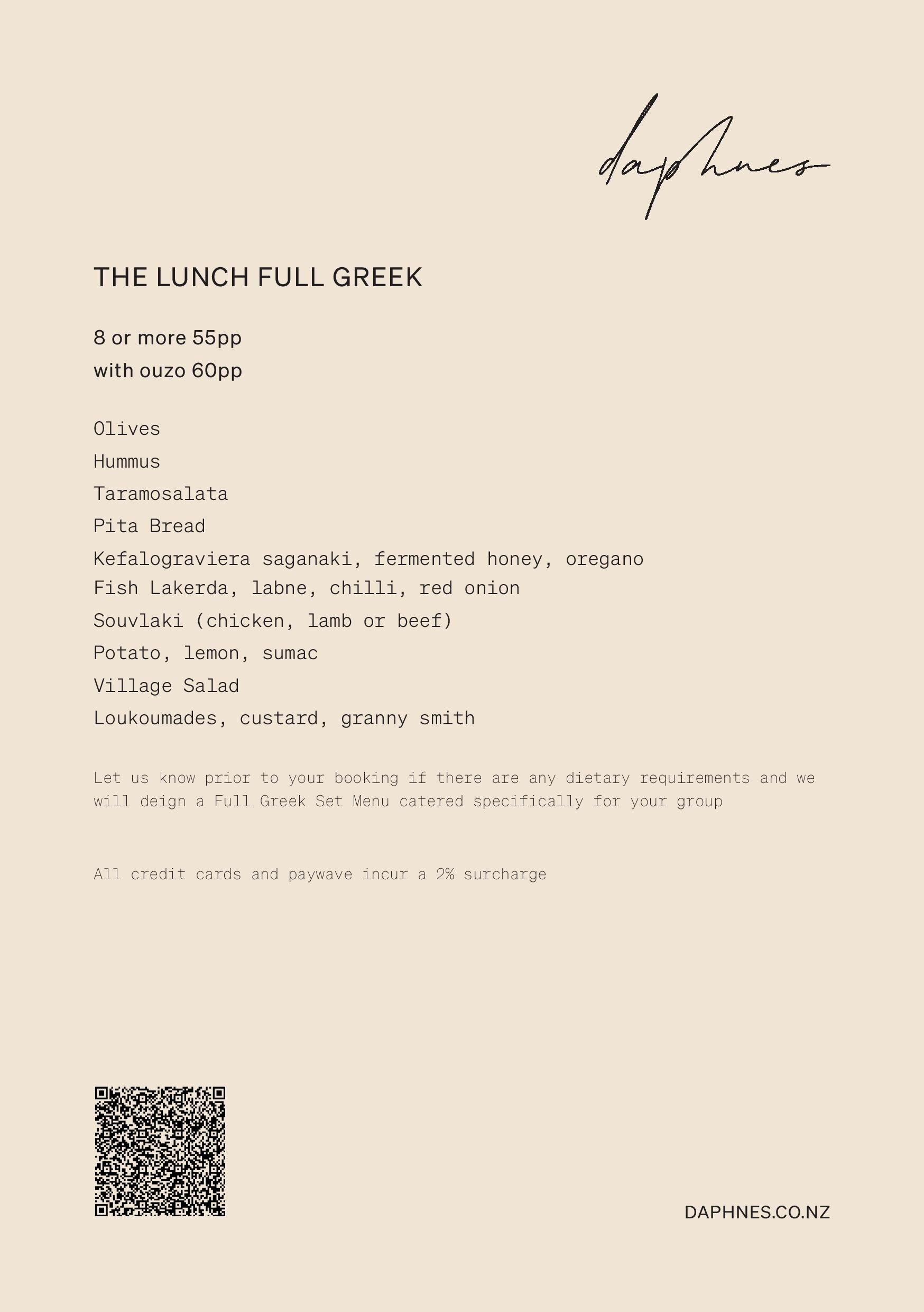 Full Greek Lunch Menu — Daphnes Bar Taverna