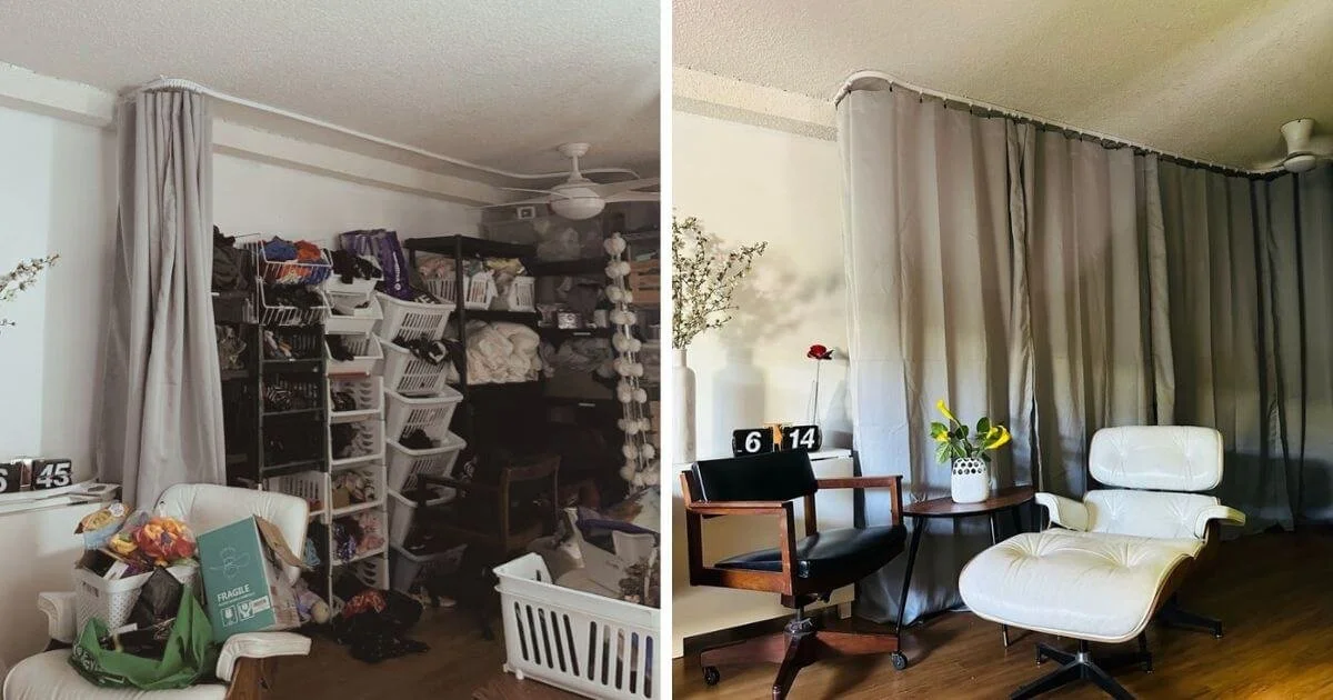 Quick & Easy no closet hack: curtain Storage Wall — Minimize My Mess