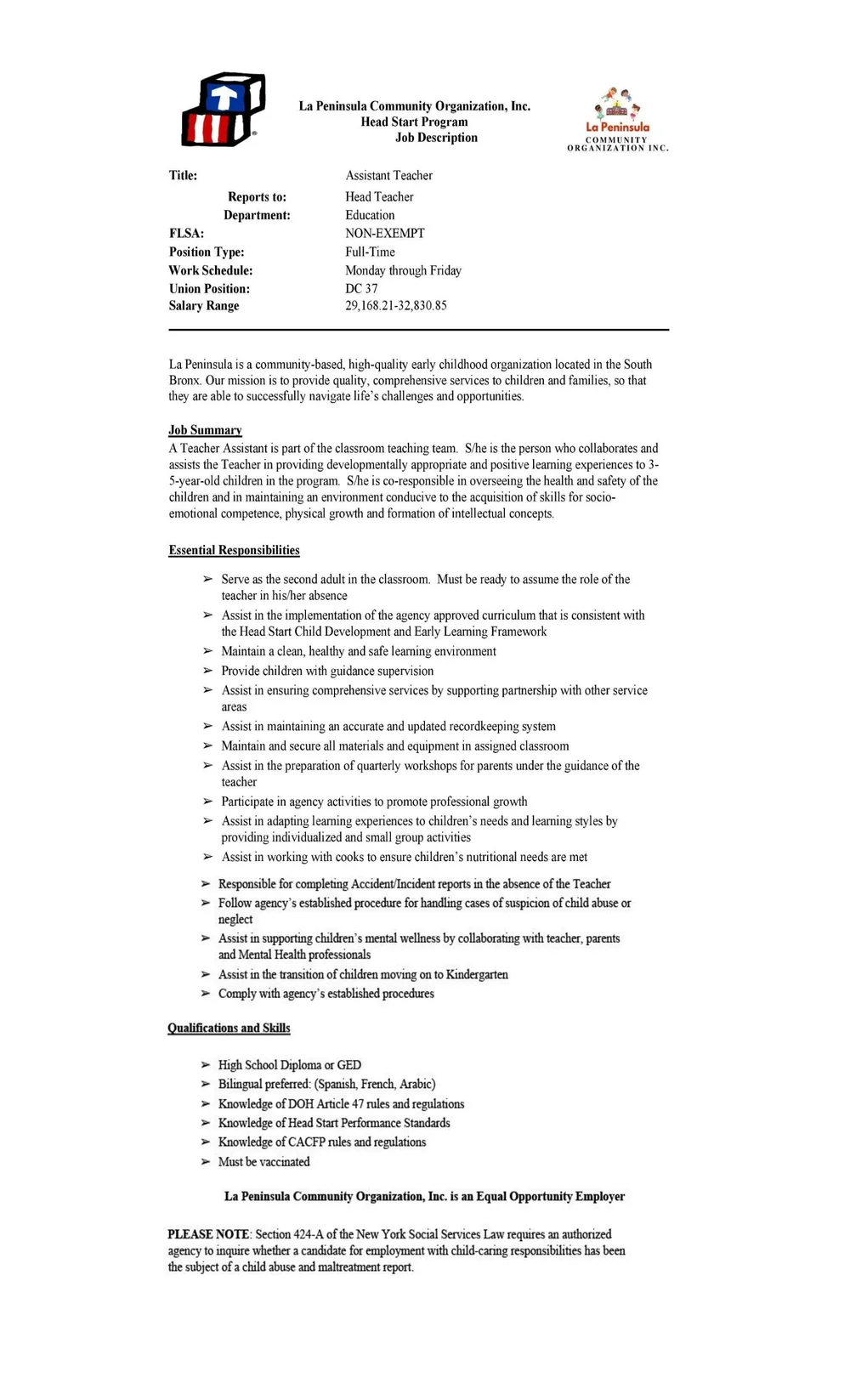 Assistant Teacher — La Peninsula Community Organization