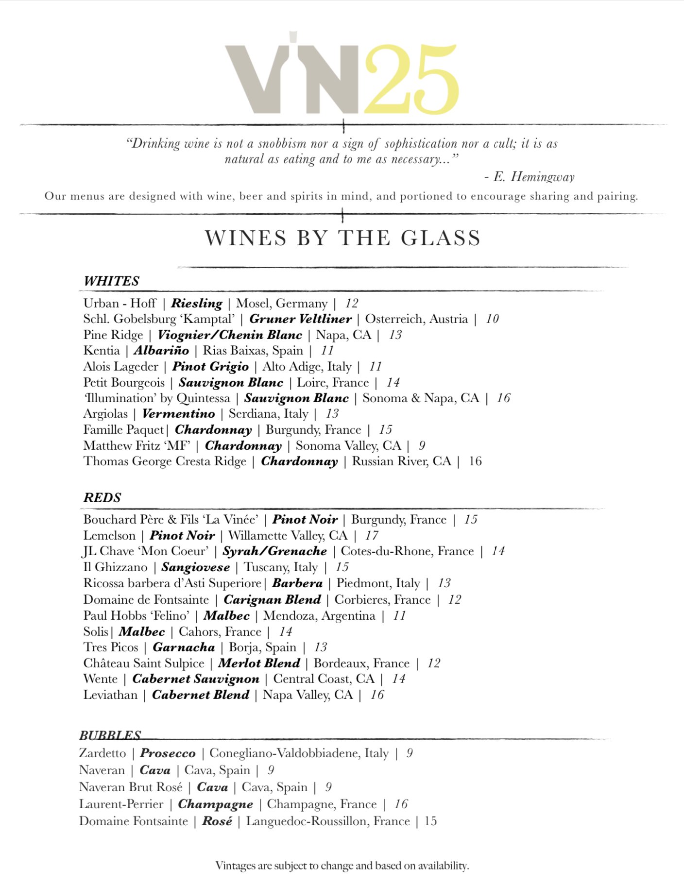 Menu — VIN 25 BISTRO