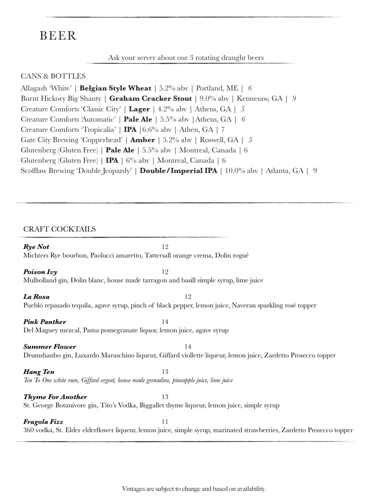 Menu — VIN 25 BISTRO