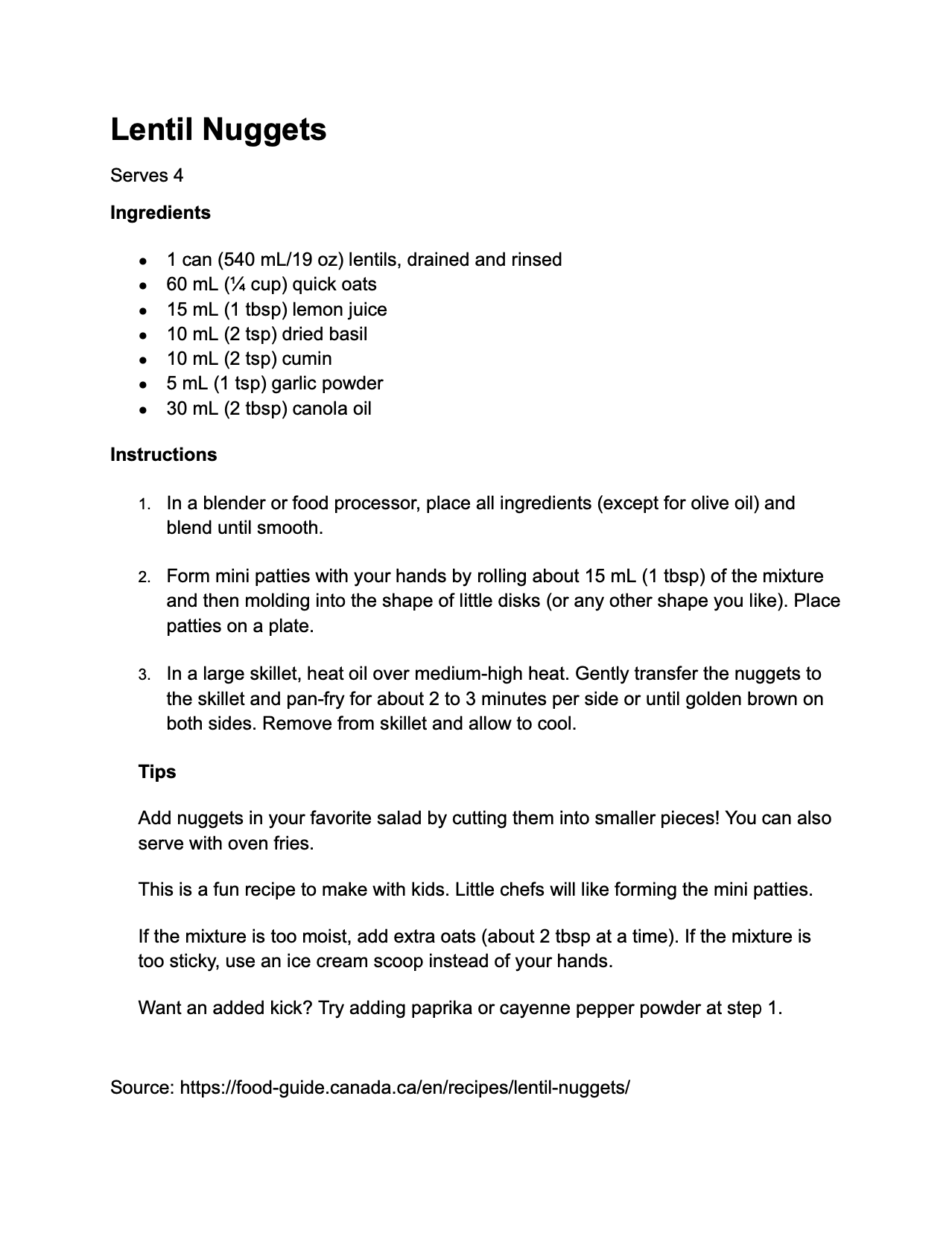 Lentil Nuggets — Child Nutrition Council of MB