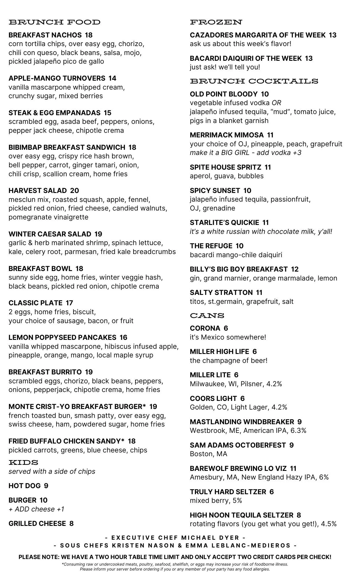 Menu — Sunset Club