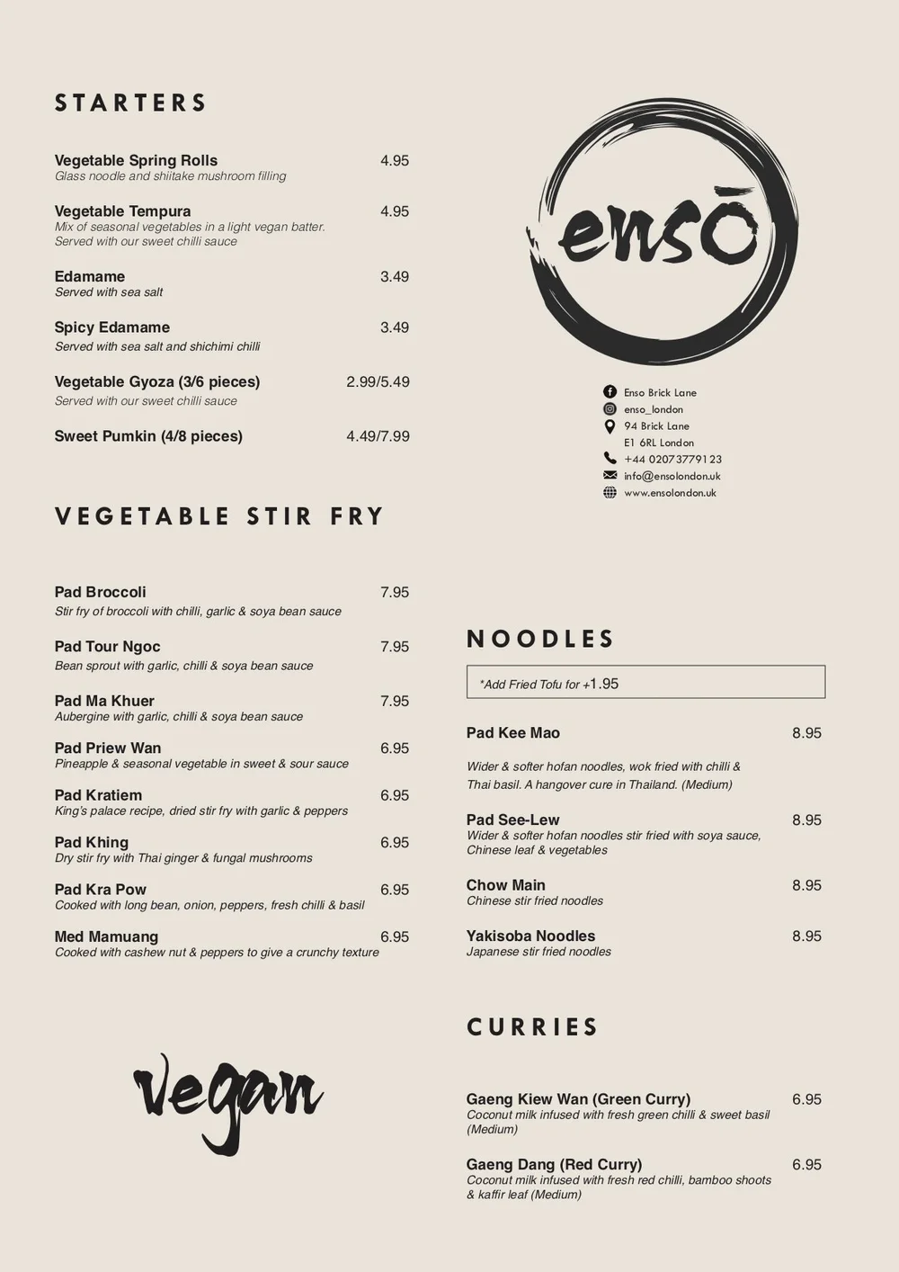 Thay and Sushi Menu — Enso