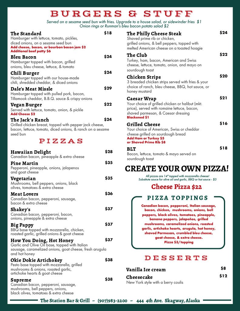 Station Bar and Grill Menu — Morning Wood Hotel