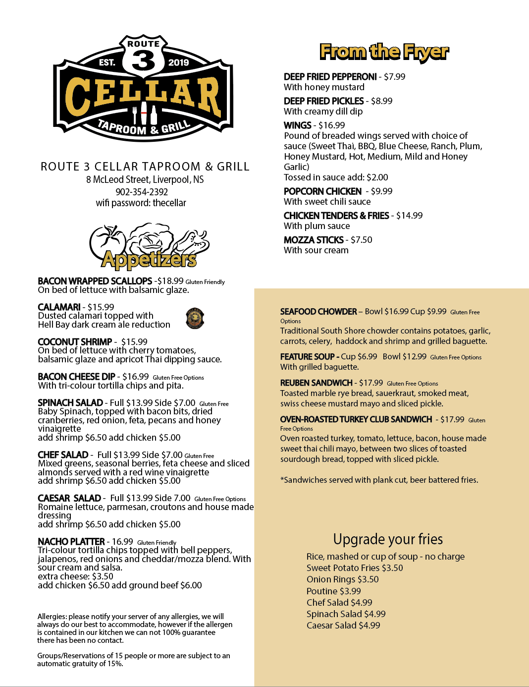 Menu — Route 3 Cellar Taproom & Grill