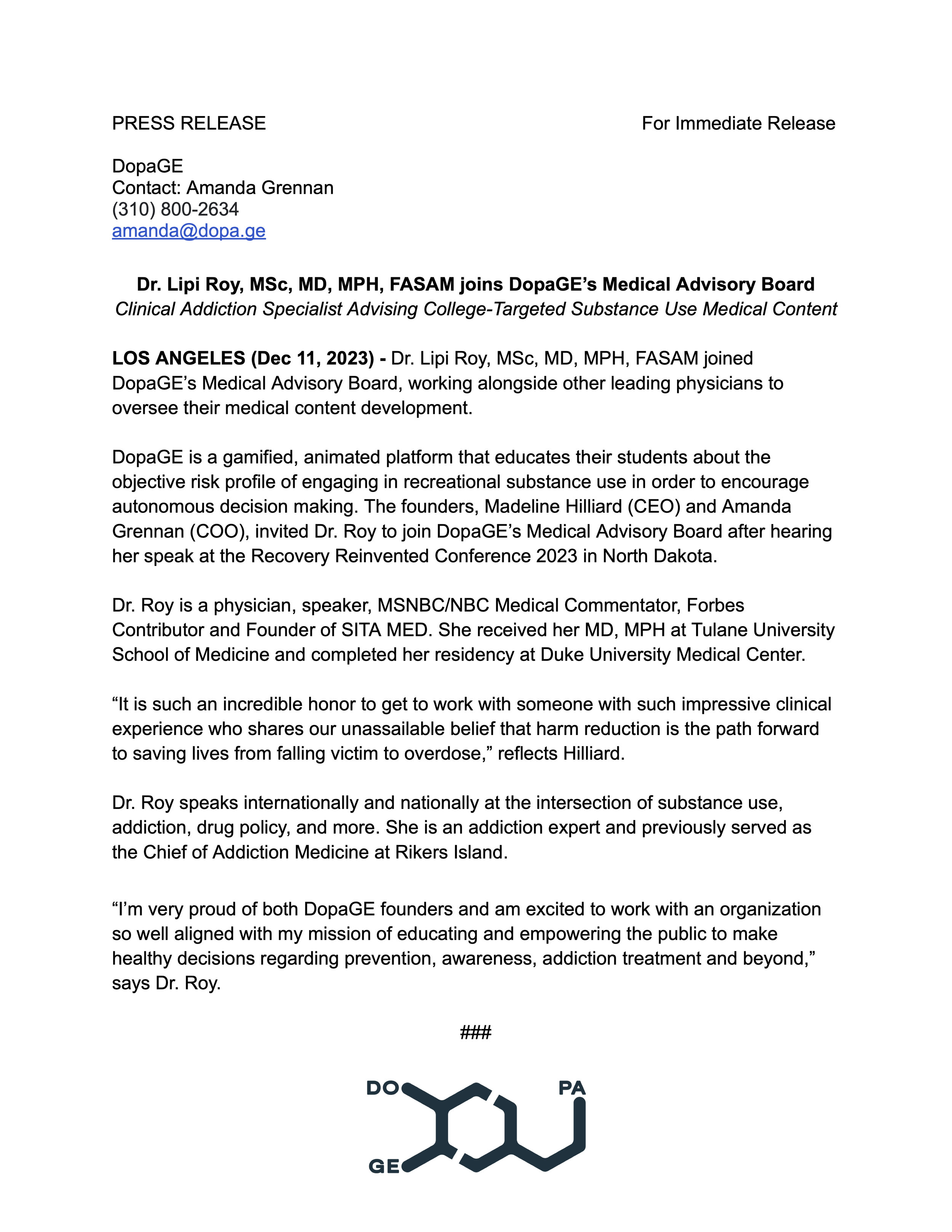 Press Release: Welcoming Dr. Lipi Roy to our Medical Advisory Board — DopaGE