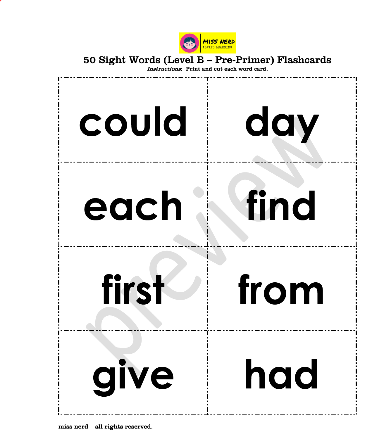 Printable Pre Primer Words