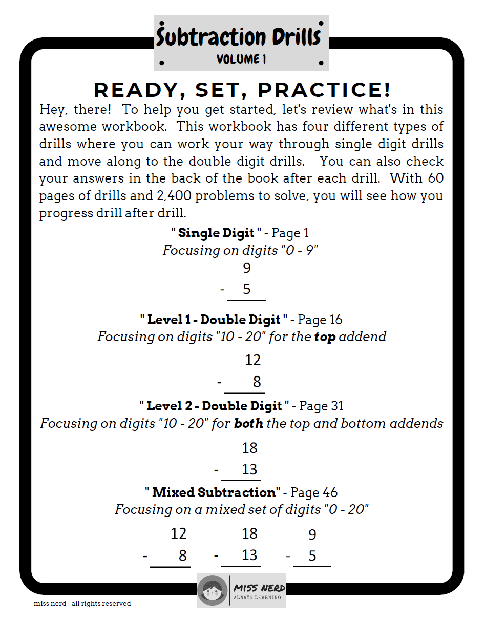 Math Subtraction Drills - Volume I — Miss Nerd