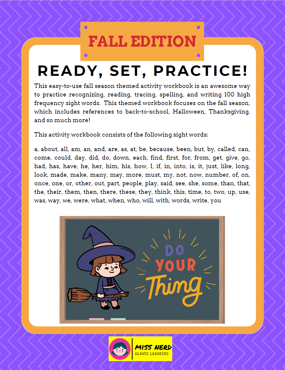 100 Sight Words Activity Workbook - FALL Edition: High Frequency Sight ...