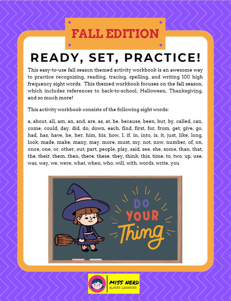 100 Sight Words Activity Workbook - FALL Edition: High Frequency Sight ...