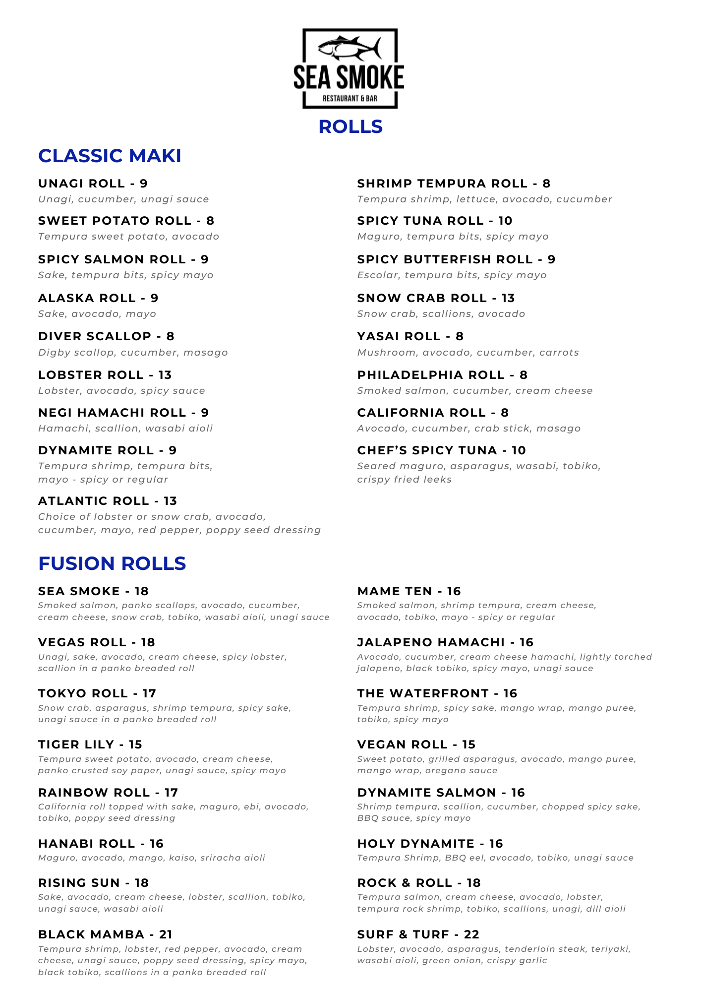 Menu — Sea Smoke
