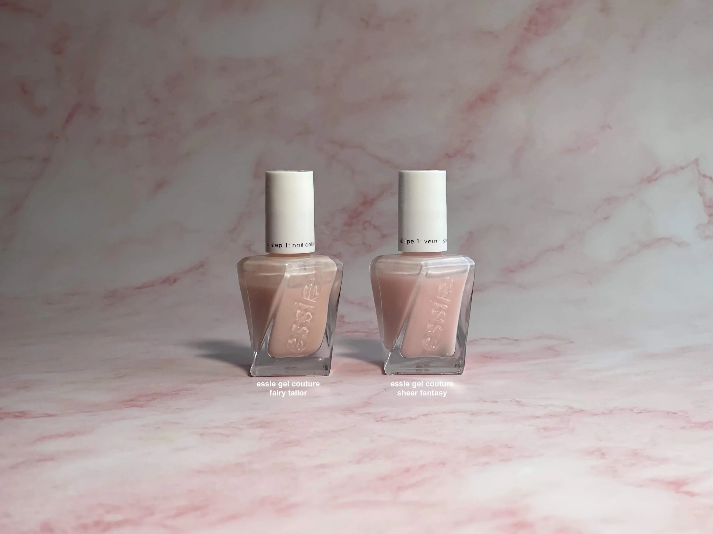 essie gel couture fairy tailor VS sheer fantasy