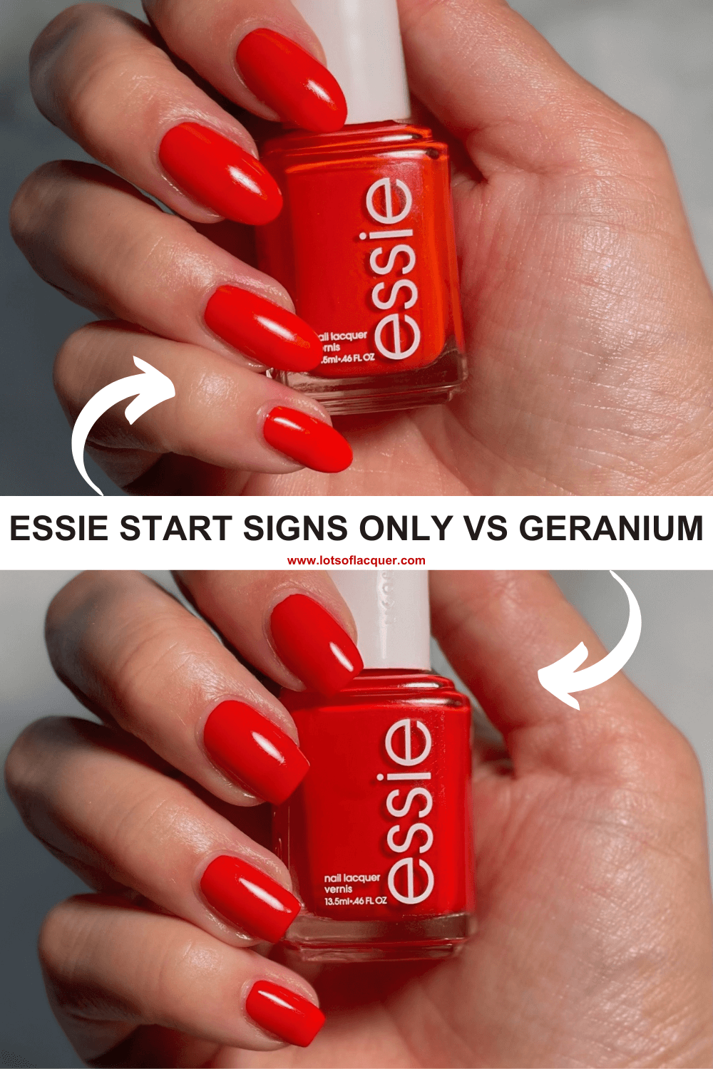 essie start signs only VS geranium — Lots of Lacquer