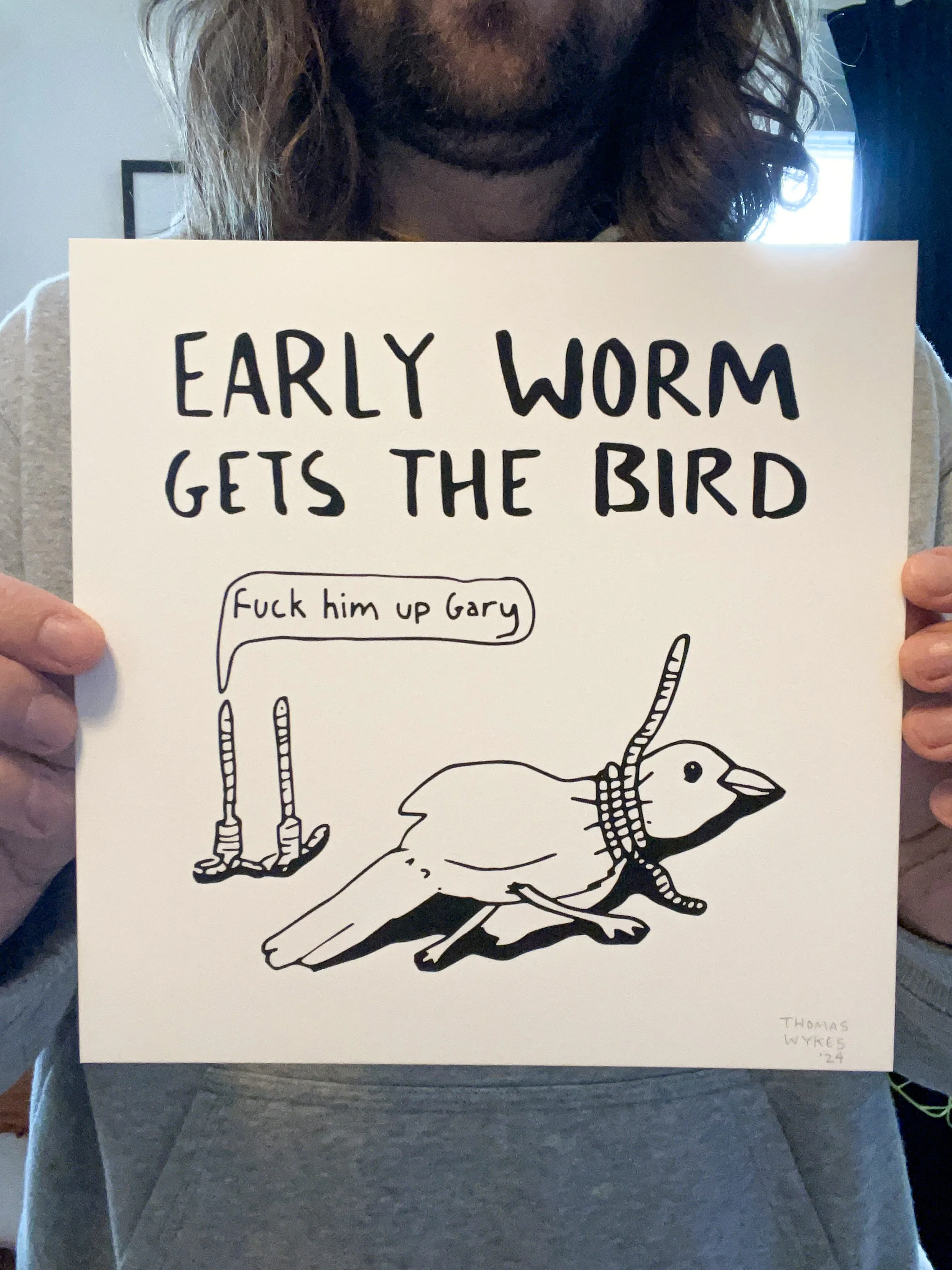 Early Worm Gets the Bird 8"x8" print — Thomas Wykes cartoons
