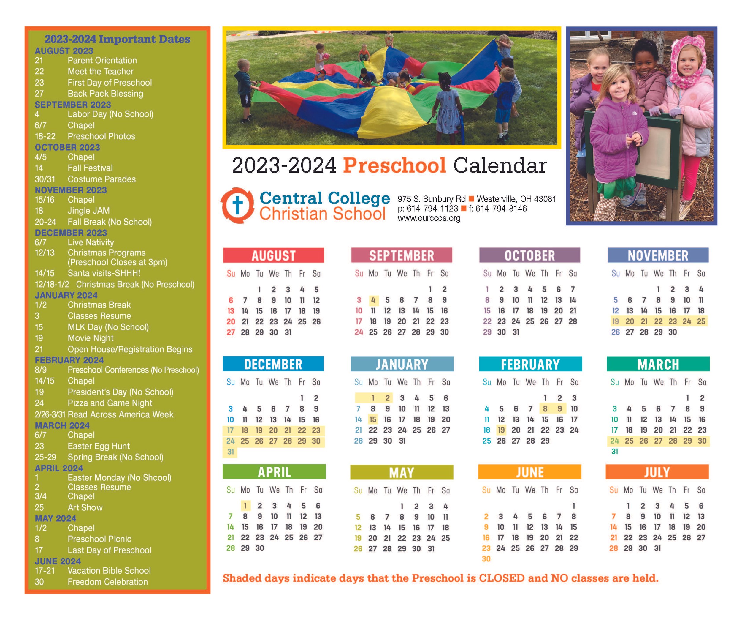 Preschool Calendar — Central College Christian School