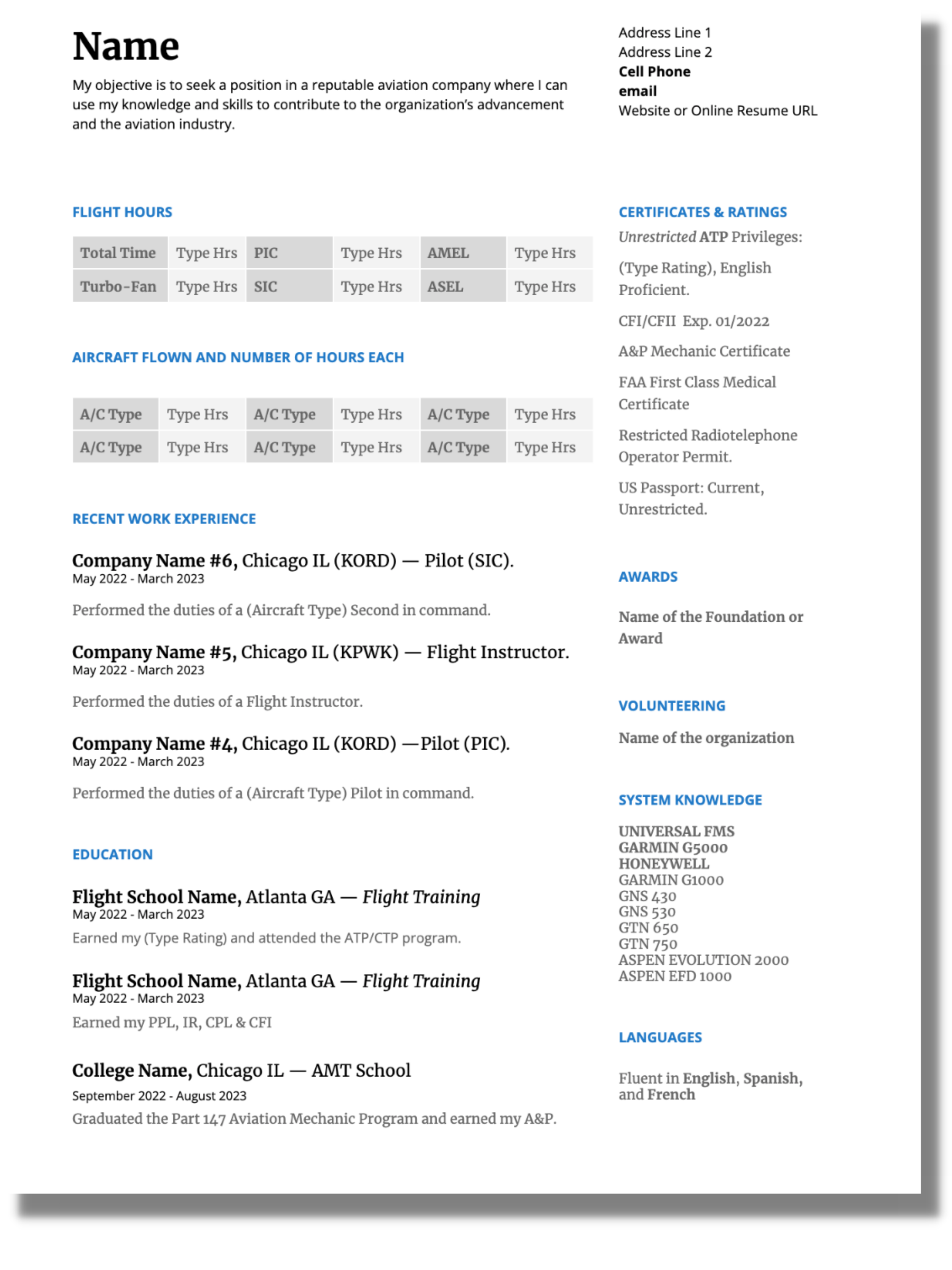 Pilot Resume Template — Alex Bengoechea