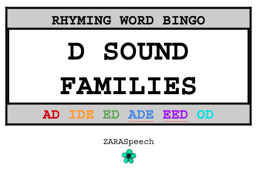 PRINTABLE Rhyming Word Bingo D Sound Families — ZARASpeech Company